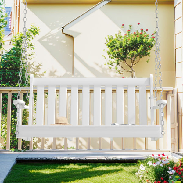 Ebern Designs Patio Porch Swing, 2-Seated Bench Swing With Hanging Chains And Cozy Armrests ...